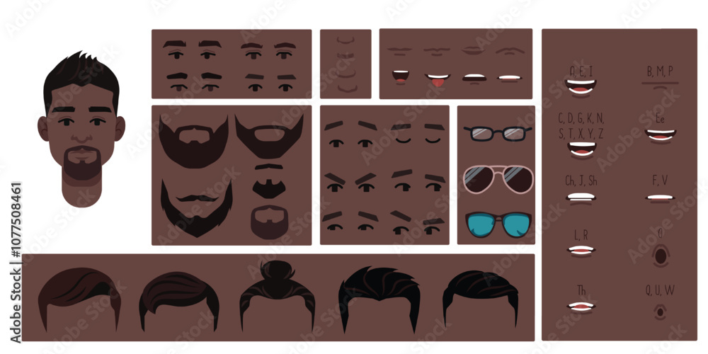 Brown skin colored man face constructor, avatar of male character ...