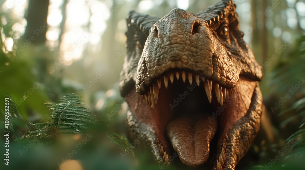 Amidst the verdant jungle, a dinosaur with a wide open mouth and sharp ...