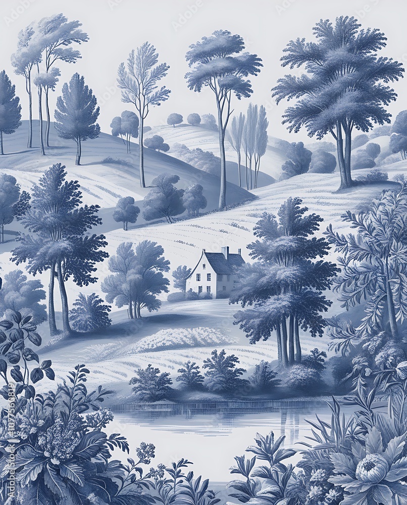 elegant blue and white toile pattern intricate pastoral scenes delicate ...