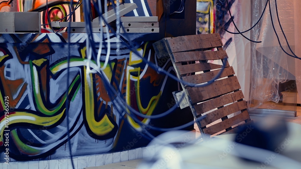 Empty pizza boxes in damaged abandoned warehouse with graffiti drawings ...
