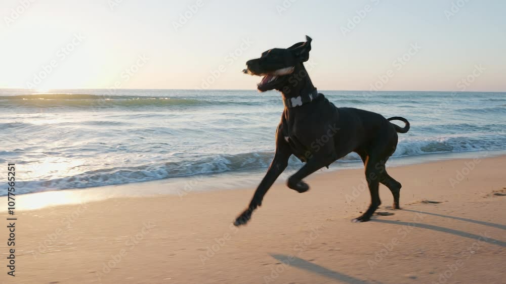 Black dog Great Dane running with stick on sandy beach during sunrise ...