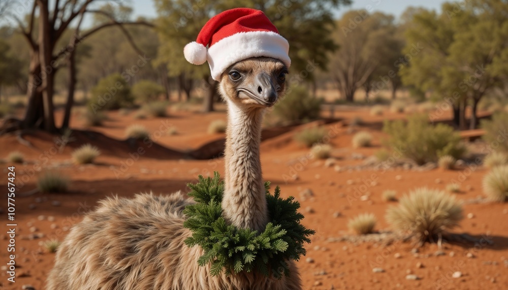 Photorealistic image of an emu wearing a tiny red Santa hat, with a ...