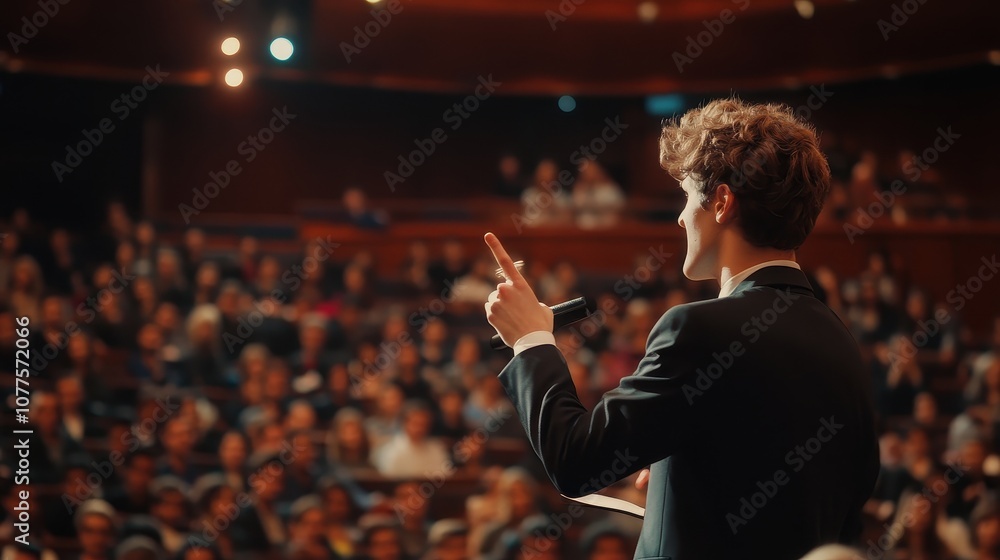 Speaker presenting to audience. This photo captures a speaker giving a ...