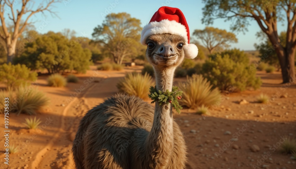 Emu wearing a tiny red Santa hat, with a Christmas garland wrapped ...