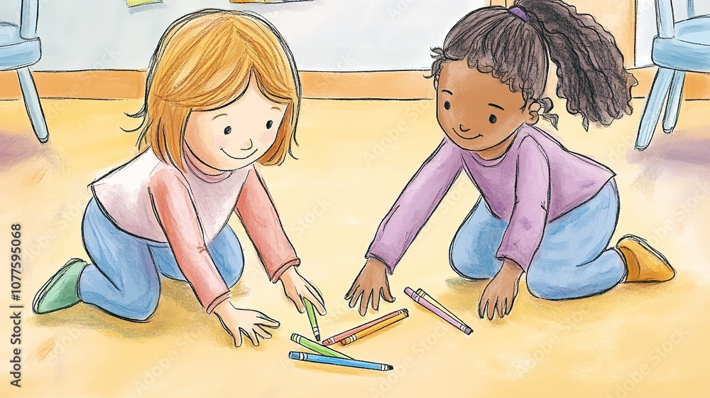 A child helping a classmate pick up crayons from the floor, creating a ...