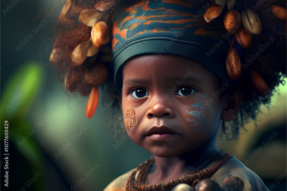 African child in the traditional costume of the tribe of Borneo. Stock ...