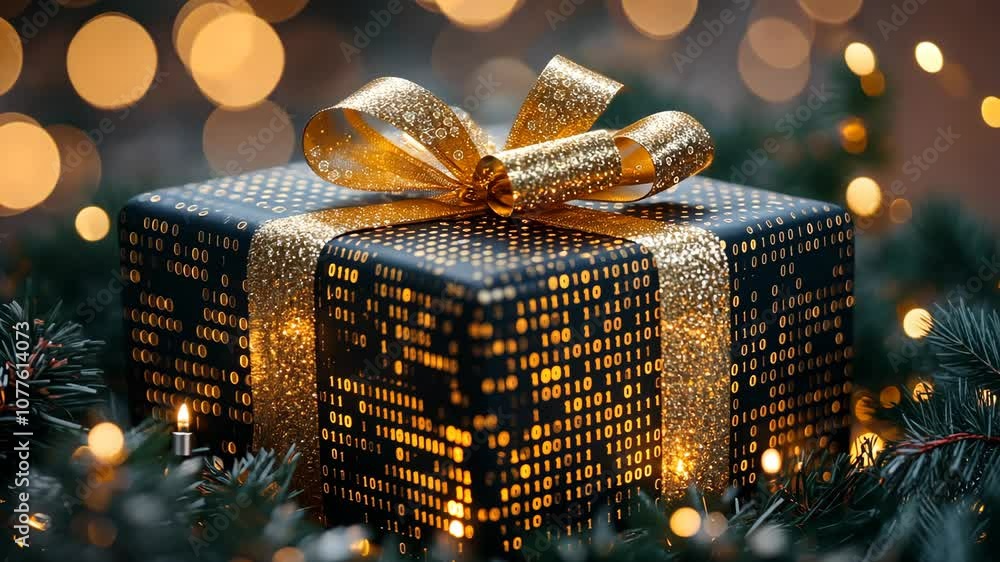 Gift box with golden binary code pattern and ribbon, festive bokeh ...