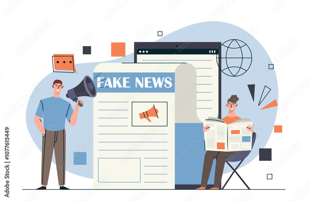 People with fake news. Man with loudspeaker and woman near huge ...