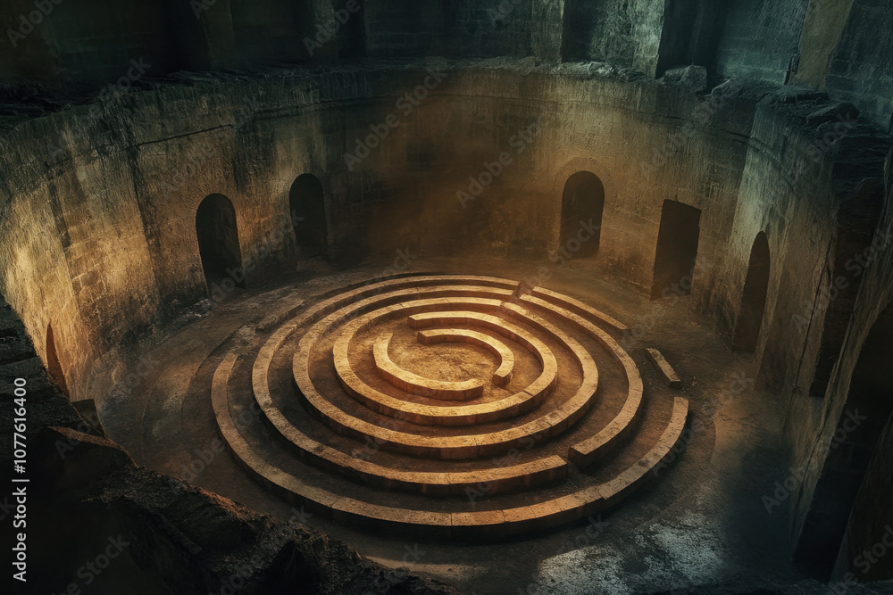 Ancient stone labyrinth in a dimly lit, mysterious chamber, exuding a ...
