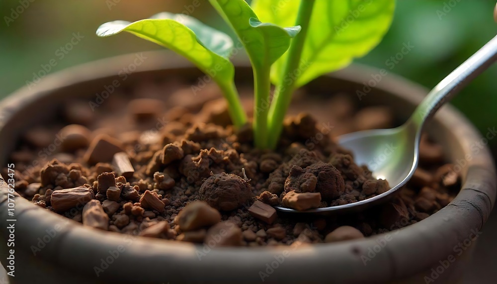 A close-up of potted plant with a wooden stake and mulch around the ...