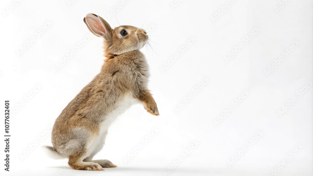 The rabbit stands upright on its hind legs, showcasing its agility and ...