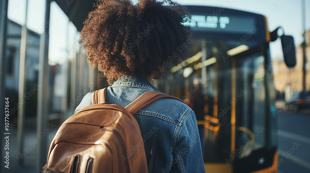 A close up of an African American woman getting on the bus at the ...