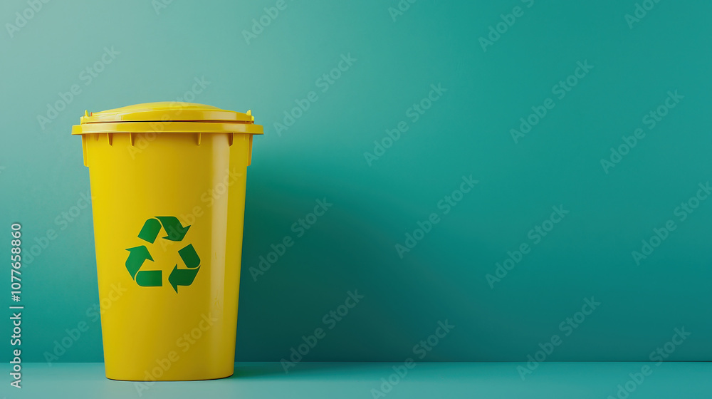 Yellow Recycling Bin with Green Symbol on Teal Background, emphasizing ...