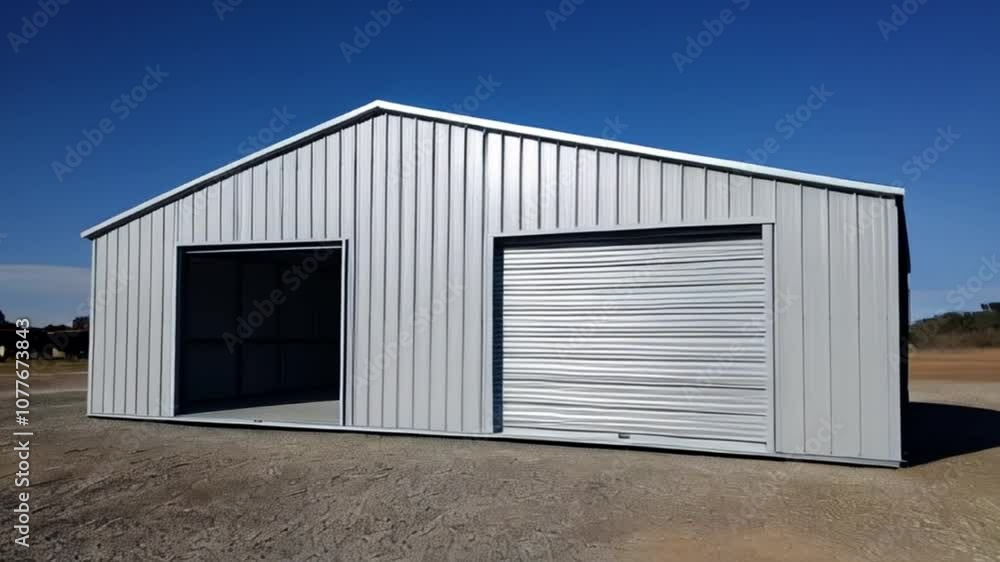 large metal storage shed with an open garage door, against a clear blue ...