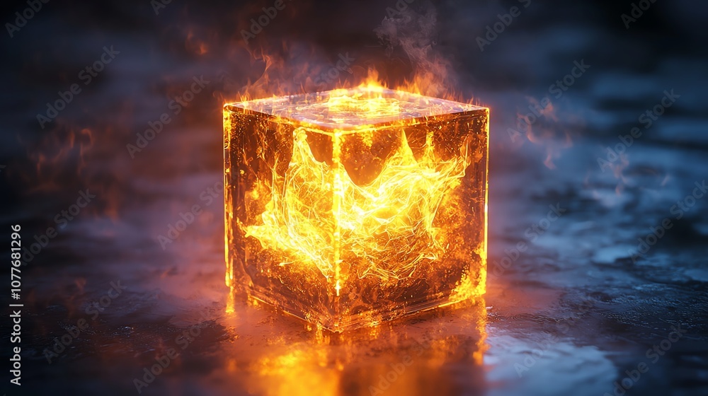 Fire element trapped inside a crystal cube, glowing interior, 3D ...
