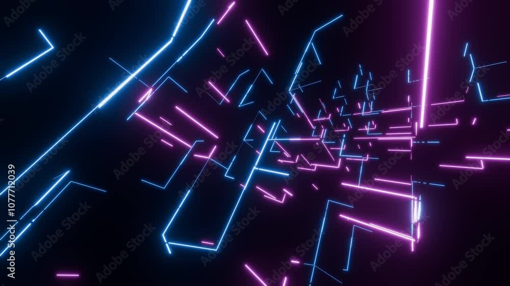 Abstract blue neon laser line pattern on dark black background with ...