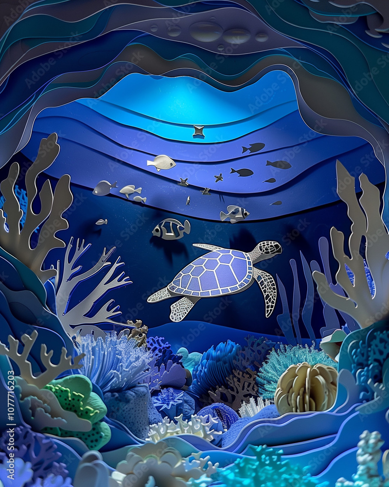 A fantastical layered paper diorama of an underwater scene, with coral ...
