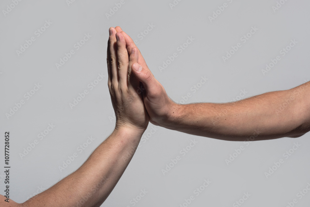 High five. Two hands gestures. Giving high five. Two hands, male and ...