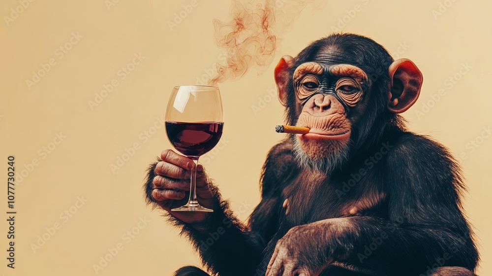 An imaginative vintage collage featuring a quirky chimpanzee sipping ...