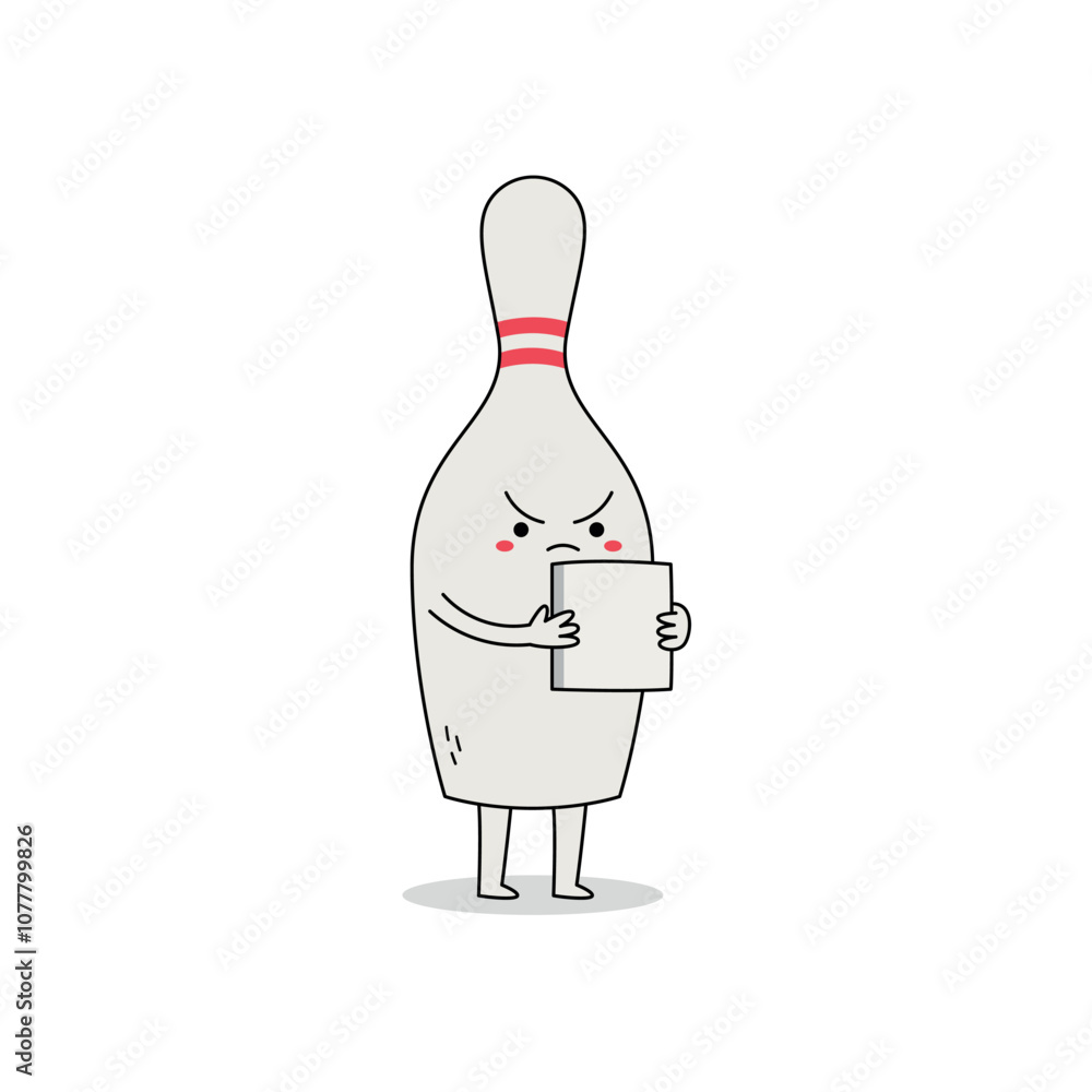 Cute bowling pin cartoon character reading a paper document doodle ...