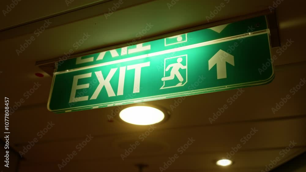 Bright illuminated exit sign indoors with green background and ...