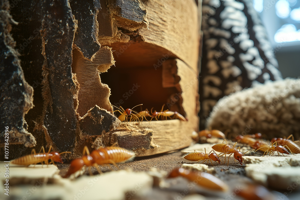 An infestation of tiny termites around a wooden cabinet in a living ...