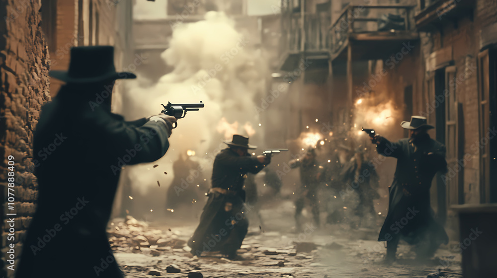 Ai generated illustration of a cinematic scene of gunslingers in a ...