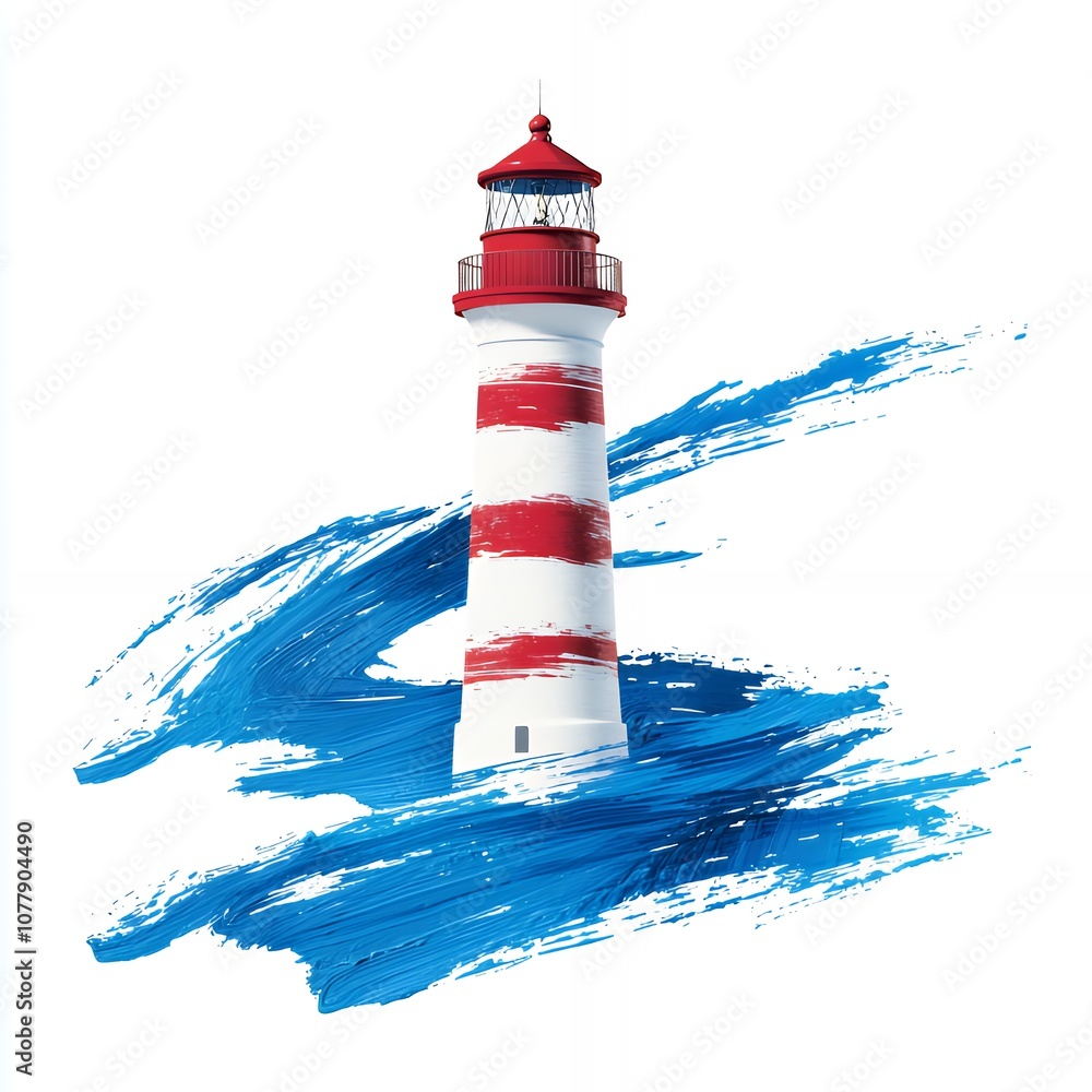 Red and white striped lighthouse with blue brushstrokes in the ...