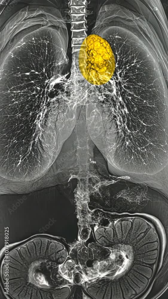 A cross-sectional image of the human chest shows the lungs, spine, and ...
