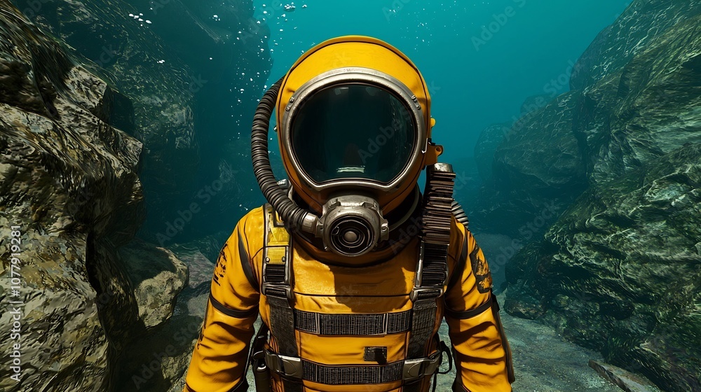 A daring aquanaut in a specialized yellow diving suit explores the ...