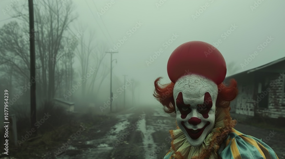 Creepy Clown in Foggy Road - A Haunting Image of Fear 素材庫插圖 | Adobe Stock