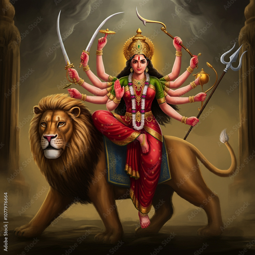 Goddess Durga riding a lion, holding weapons in her multiple arms ...