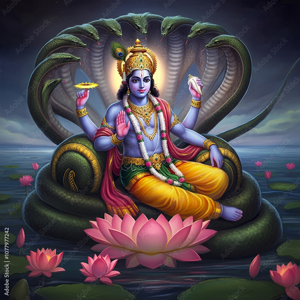 Lord Vishnu seated on Sheshnag with a lotus, symbolizing stability ...