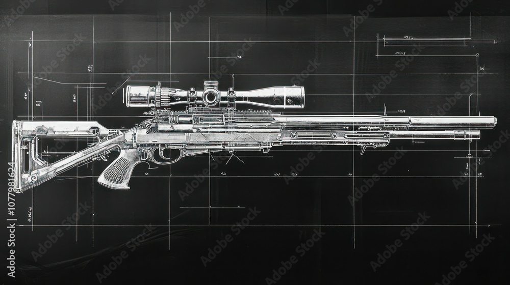 Blueprint of a sniper rifle's bolt-action system, showing the cocking ...