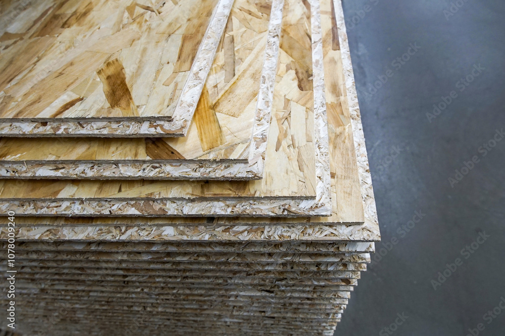 Tongue and groove oriented strand board. Stacked OSB sheets. Sheet ...