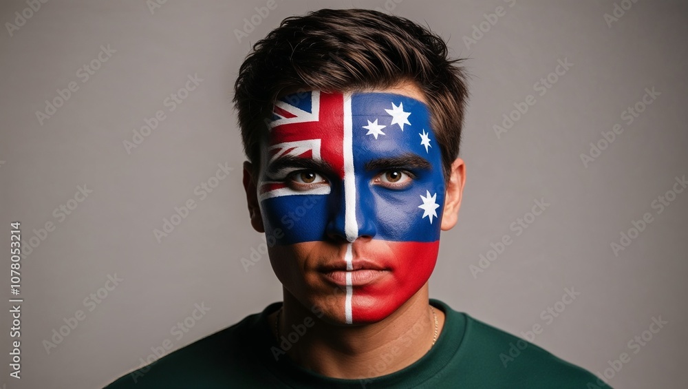 Patriotic young man with half face painted in Australian flag colors ...