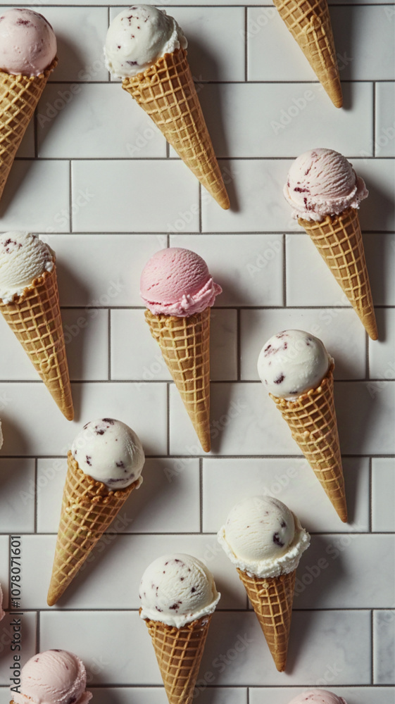 many ice cream cones laying on a subway tile backdrop, the image take ...