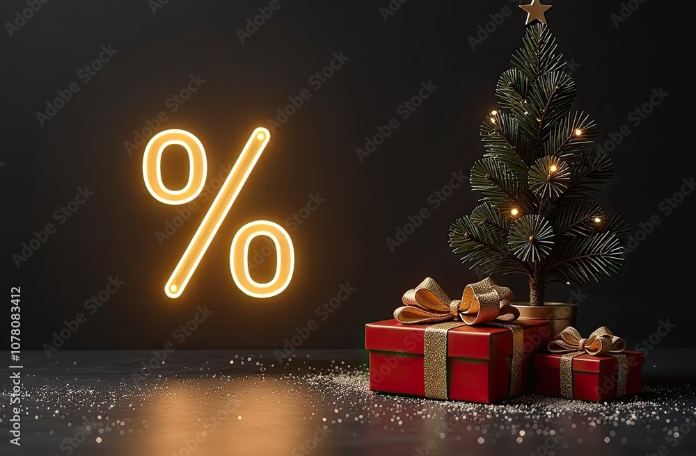 Neon glowing gold percentage sign on Christmas background with ...