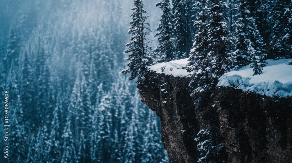 Side view of tall, snow-heavy trees on the edge of a cliff. foto de ...