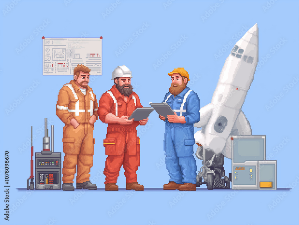 Pixel Art Rocket Engineers: Three engineers in overalls collaborate on ...