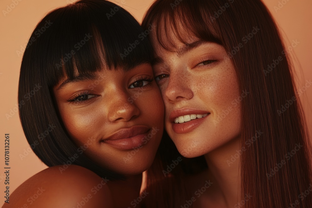 Two young women share a warm smile in a softly lit portrait. They ...