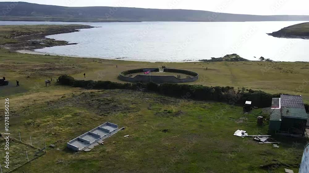 Camera panning over goose green and darwin cemetery with the final ...