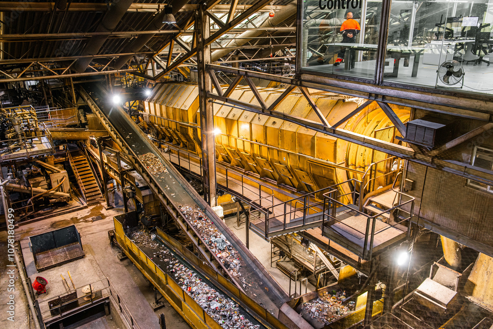 Waste to energy plant separating debris by category and compacting in ...