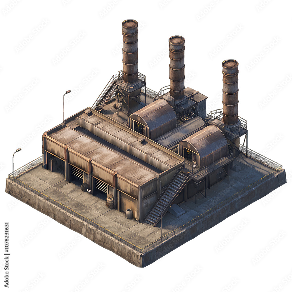 Industrial power plant with three smokestacks, metal structure, and ...