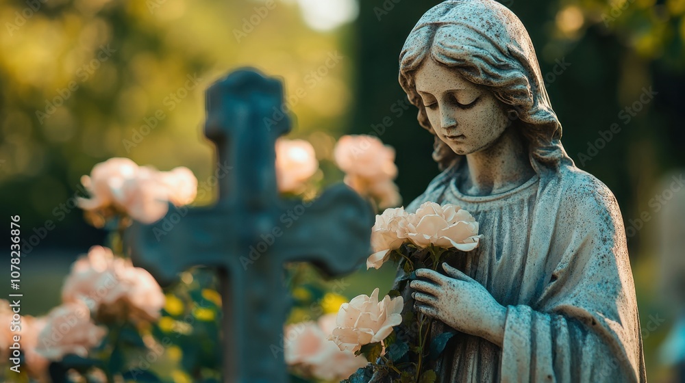 Feast of St Agatha Serene garden statue of angel with roses and cross in peaceful cemetery ...