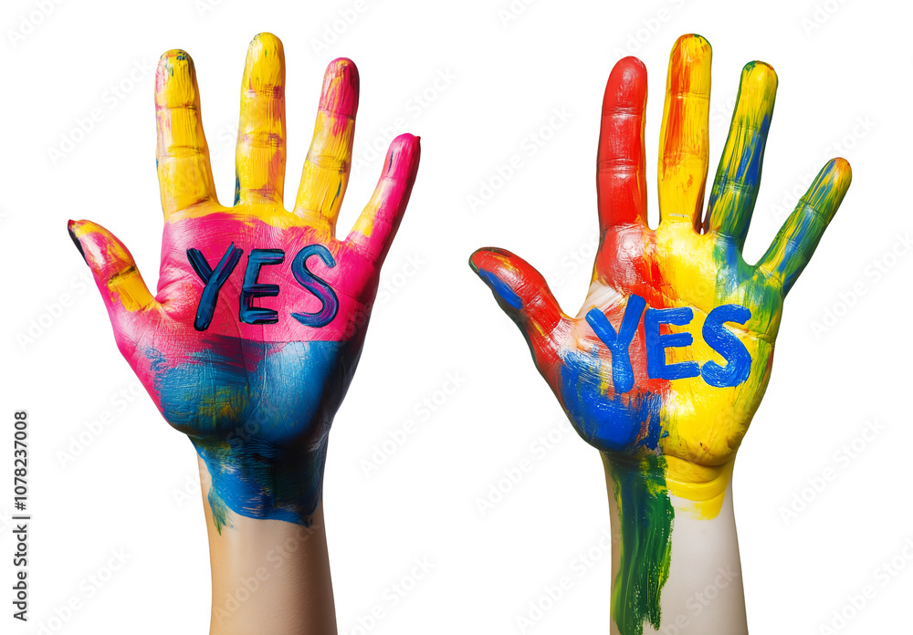Colorful painted hands with "YES" written in bold letters for positive ...