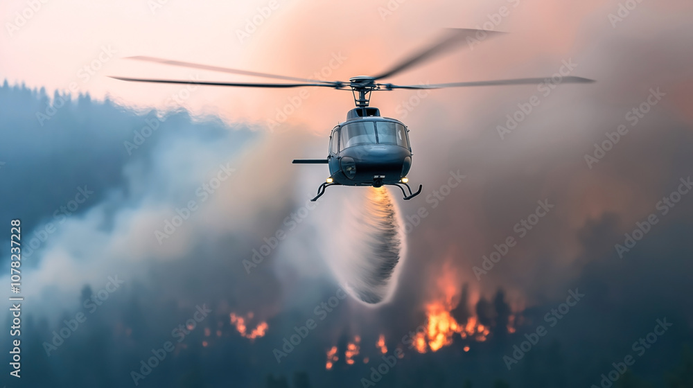 Helicopter conducting aerial firefighting operation over forest fire ...