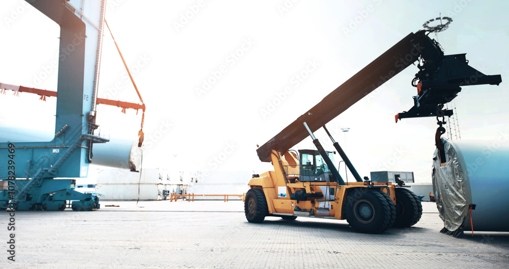 Shipping, container and reach stacker for logistics, transport or lift ...