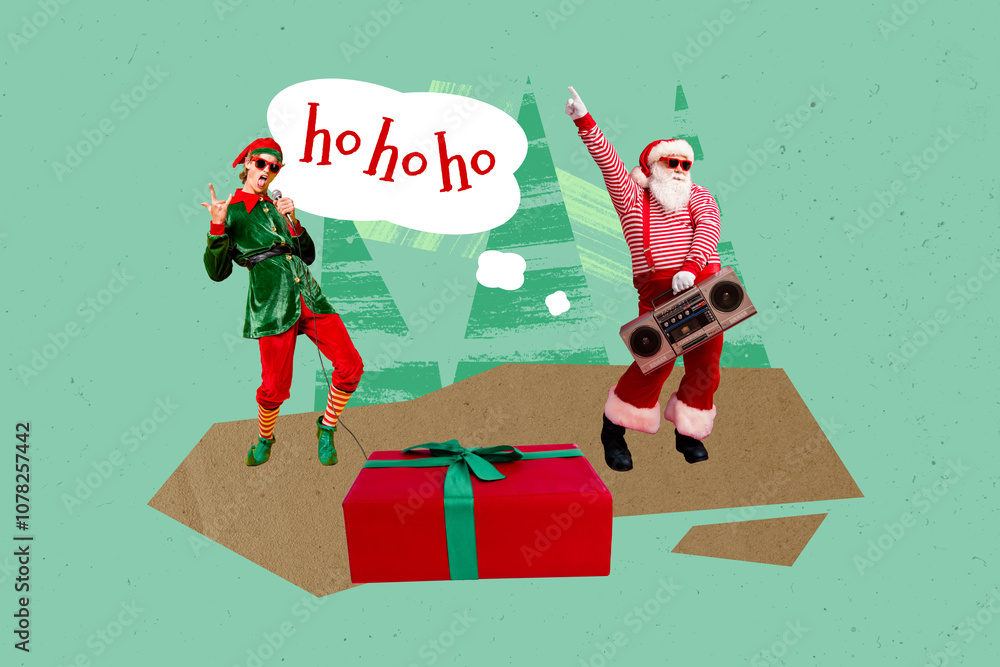 Artwork collage picture of cool aged santa hold boombox elf guy dance ...