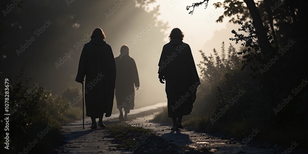 The Road to Emmaus, Jesus walking with two disciples along a path ...